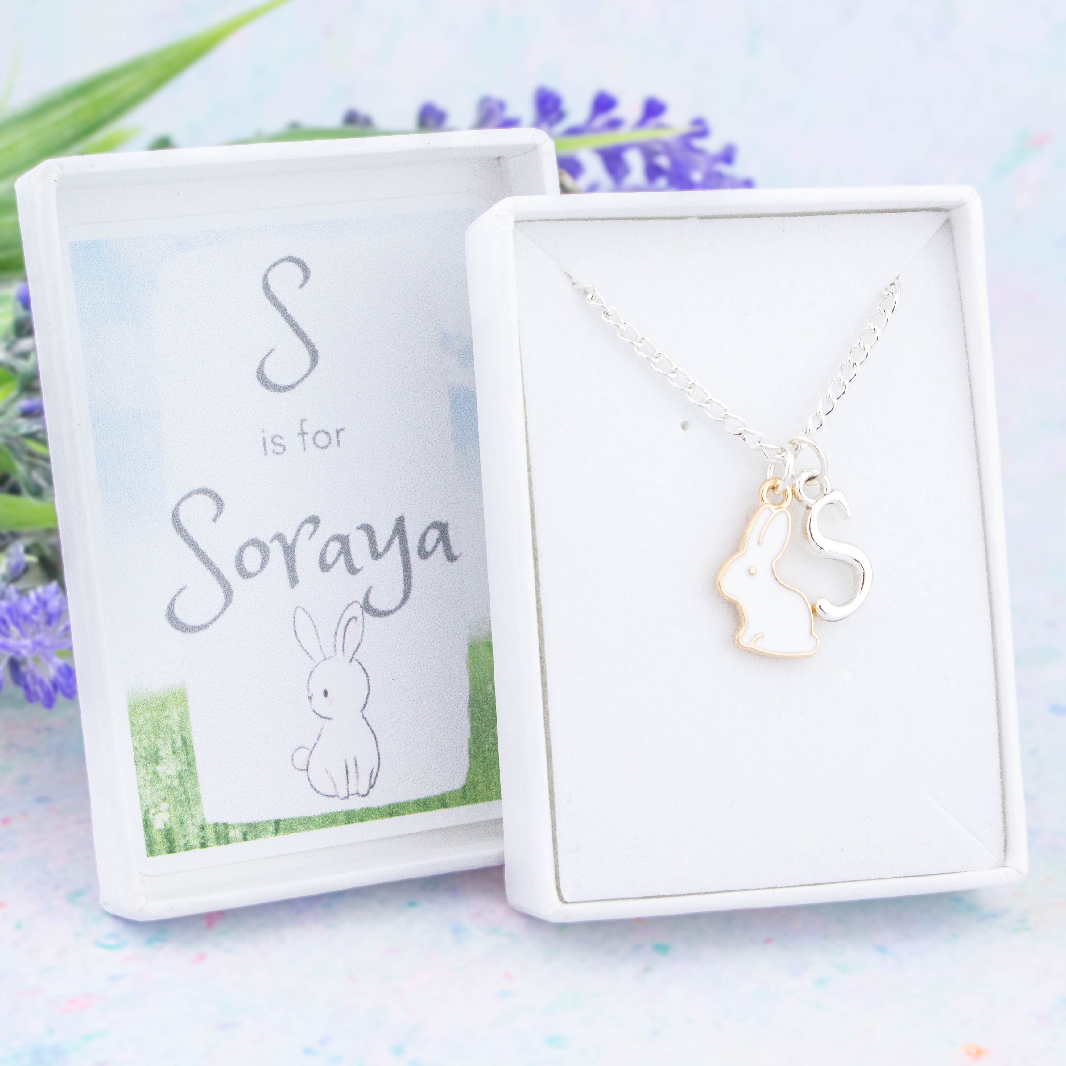 White Rabbit And Initial Charm Necklace With Personalised Gift Box ...
